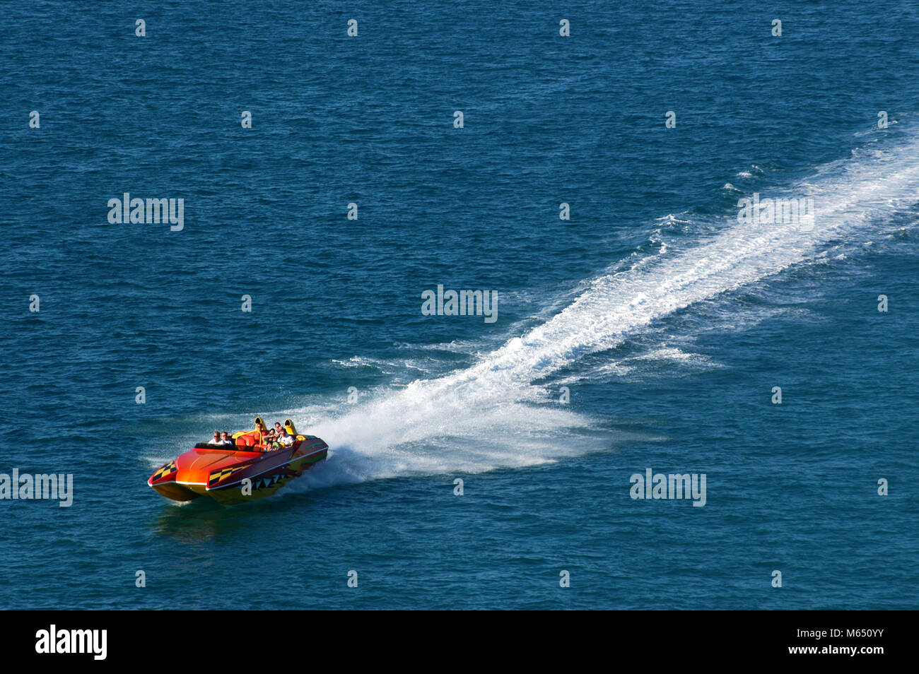 Fast boat in blue sea, aerial view Stock Photo - Alamy