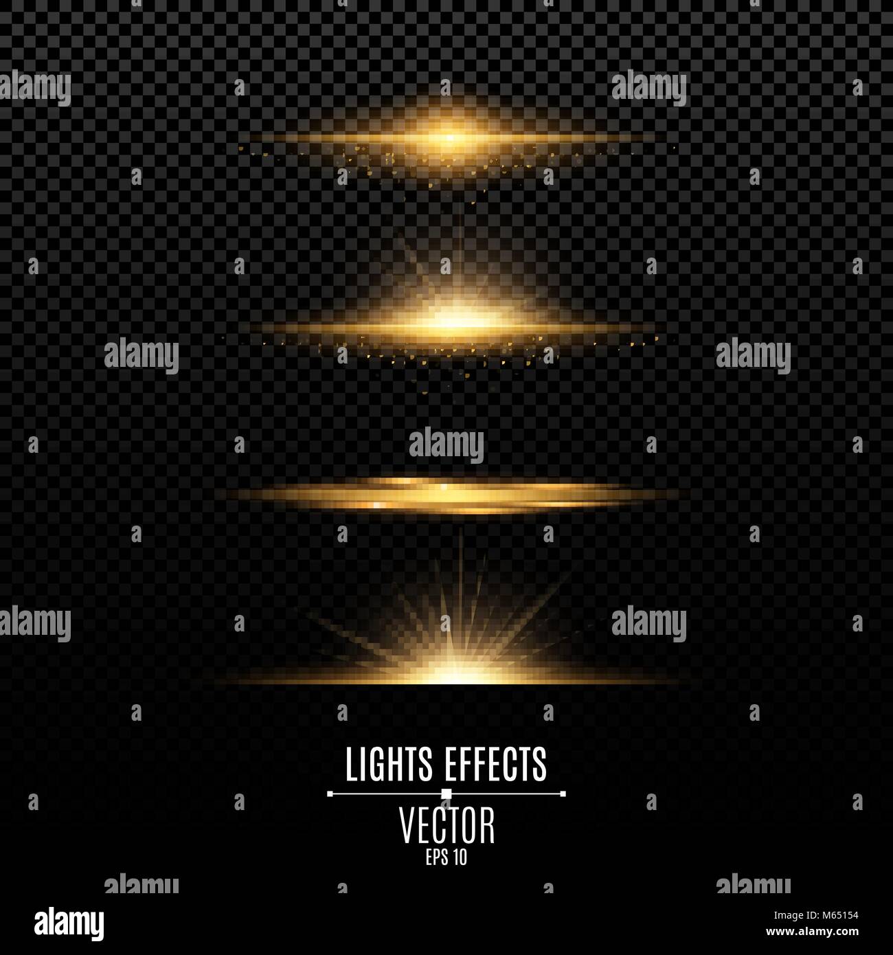 Golden lights effects isolated on a transparent background. Bright flashes and glare of gold ...
