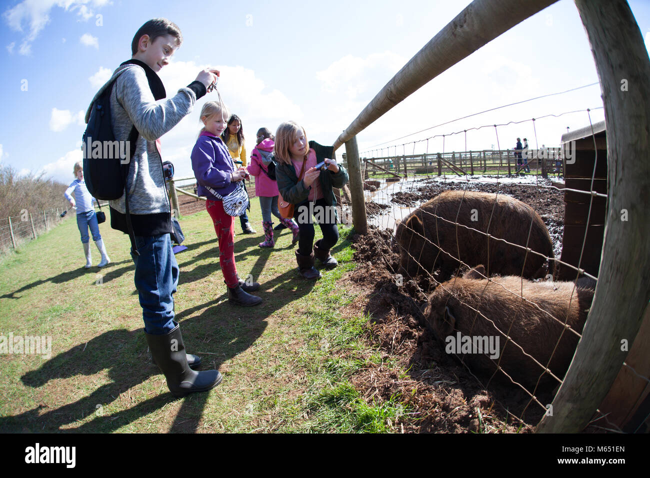 group of mixed age and gender children visiting farm, taking photos of ...