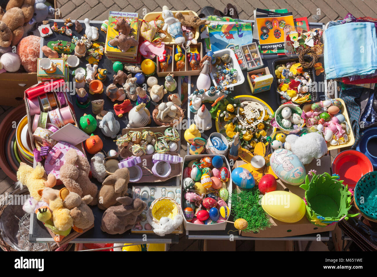 Colorfully Easter eggs and easter decoration on a flea market, stall ...