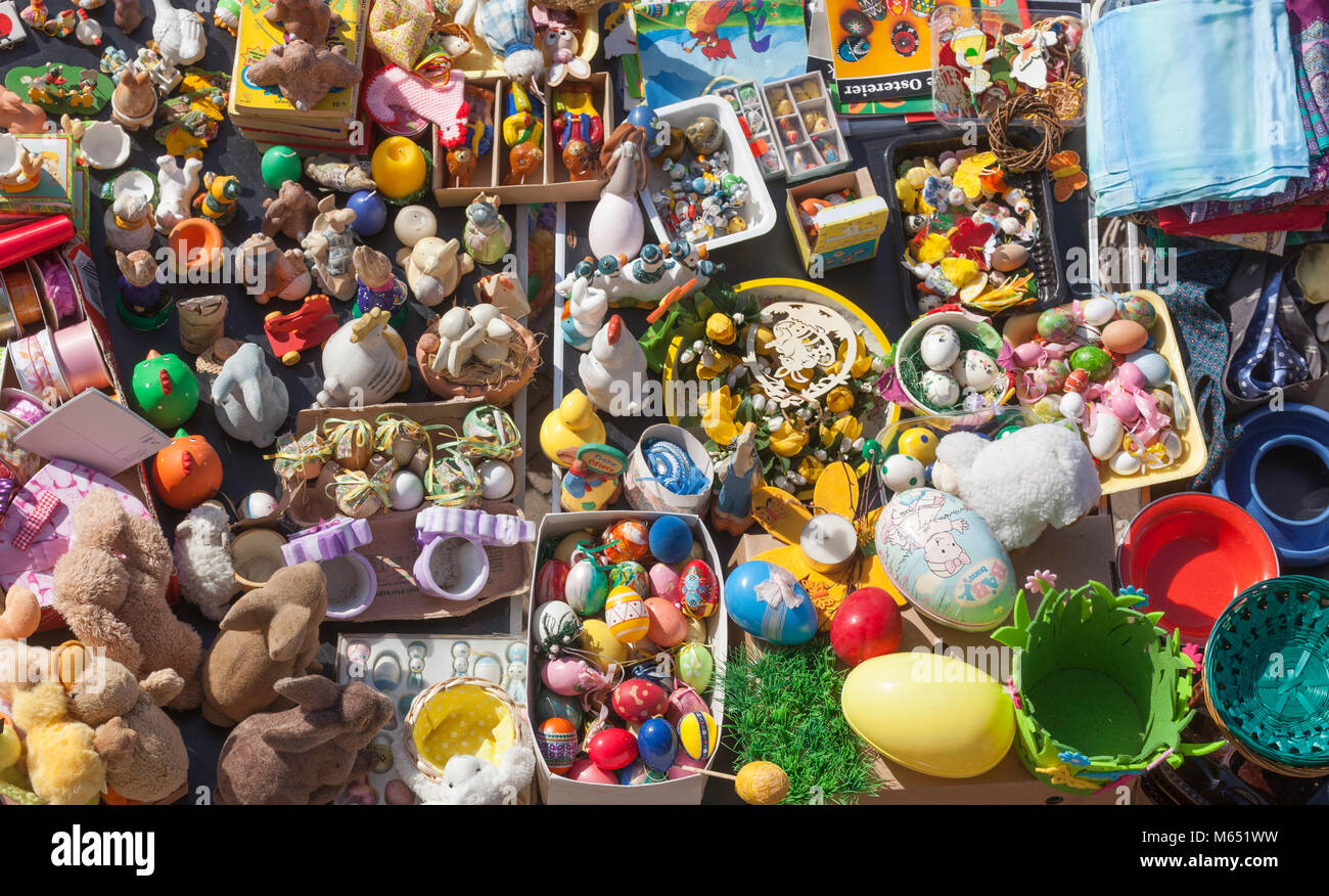 Colorfully Easter eggs and easter decoration on a flea market, stall ...