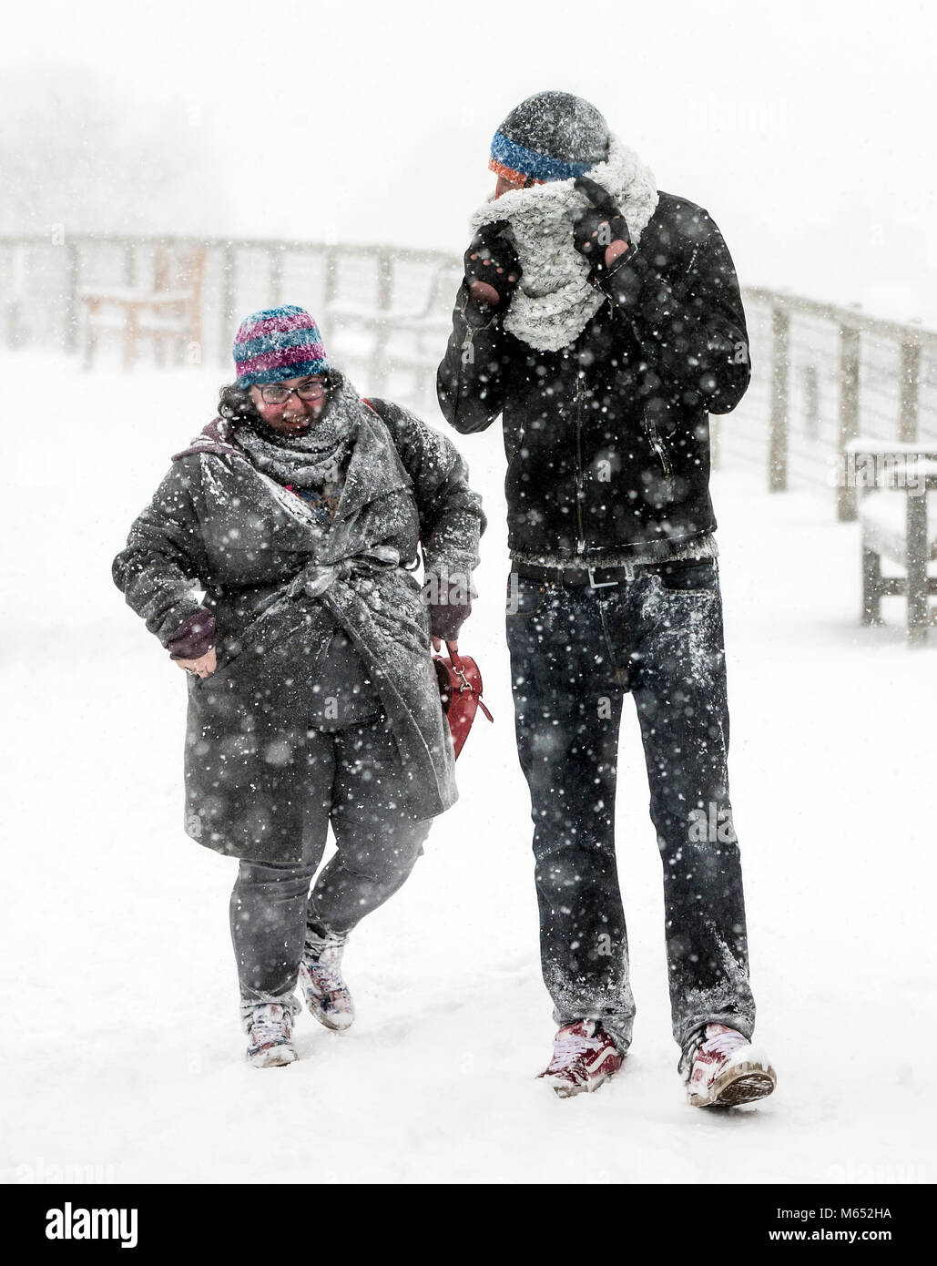 People walk through the snow at the Yorkshire Wildlife Park in ...
