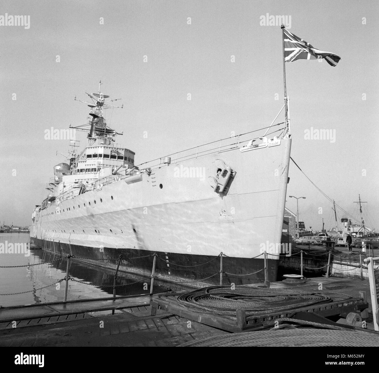 HMS Belfast in the Portsmouth Dockyard as she awaits a decision from ...