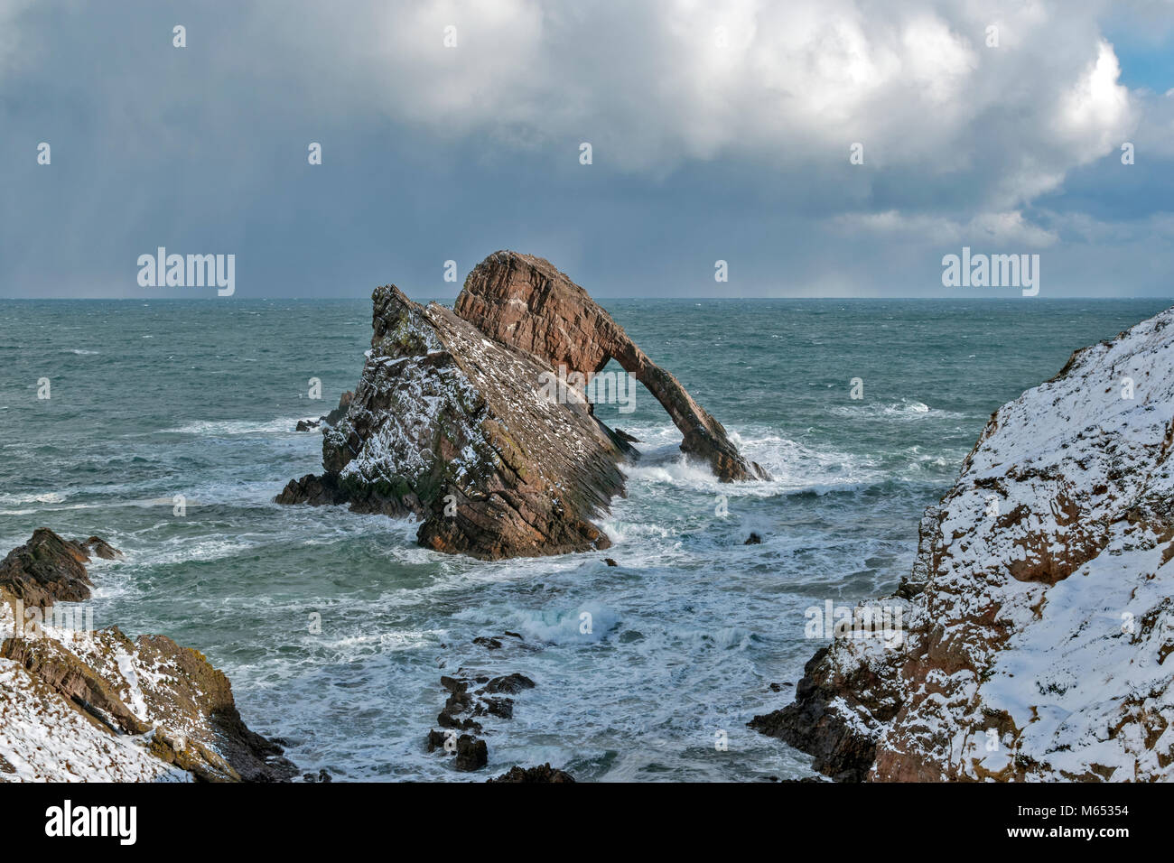 MORAY COAST SCOTLAND PORTKNOCKIE BOW FIDDLE ROCK IN FEBRUARY WINTER ...