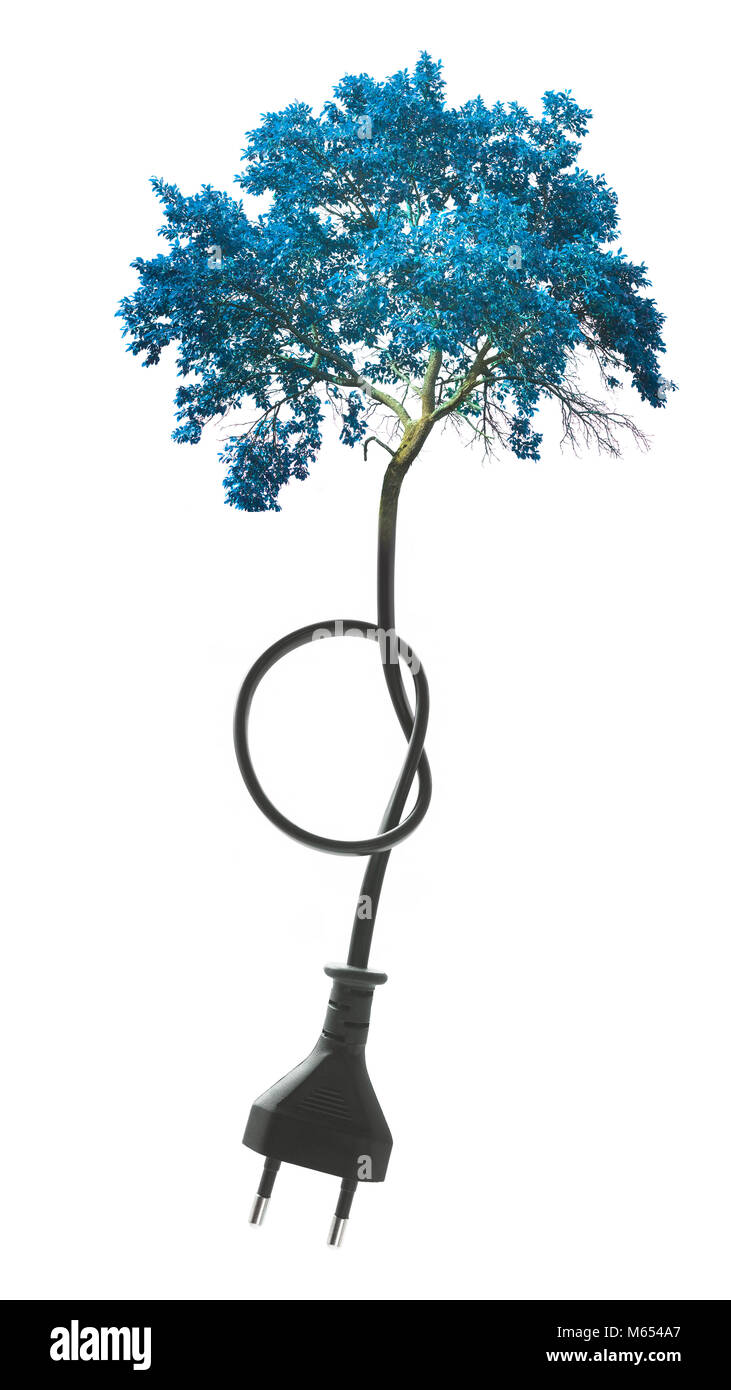abstract blue tree and plug in wire concept isolated on white Stock ...