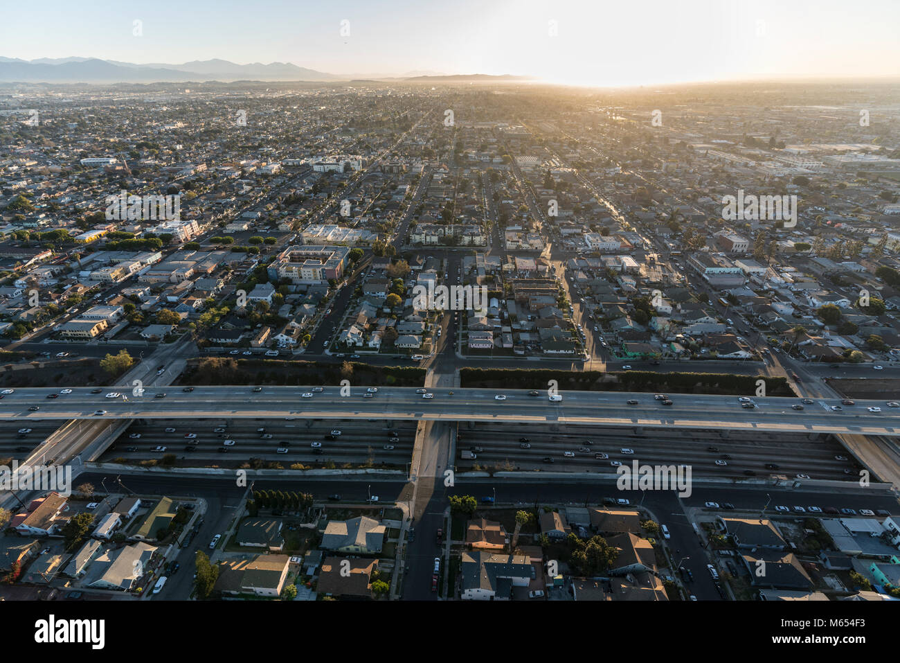 Early morning aerial view of the double decked Harbor 110 Freeway at ...