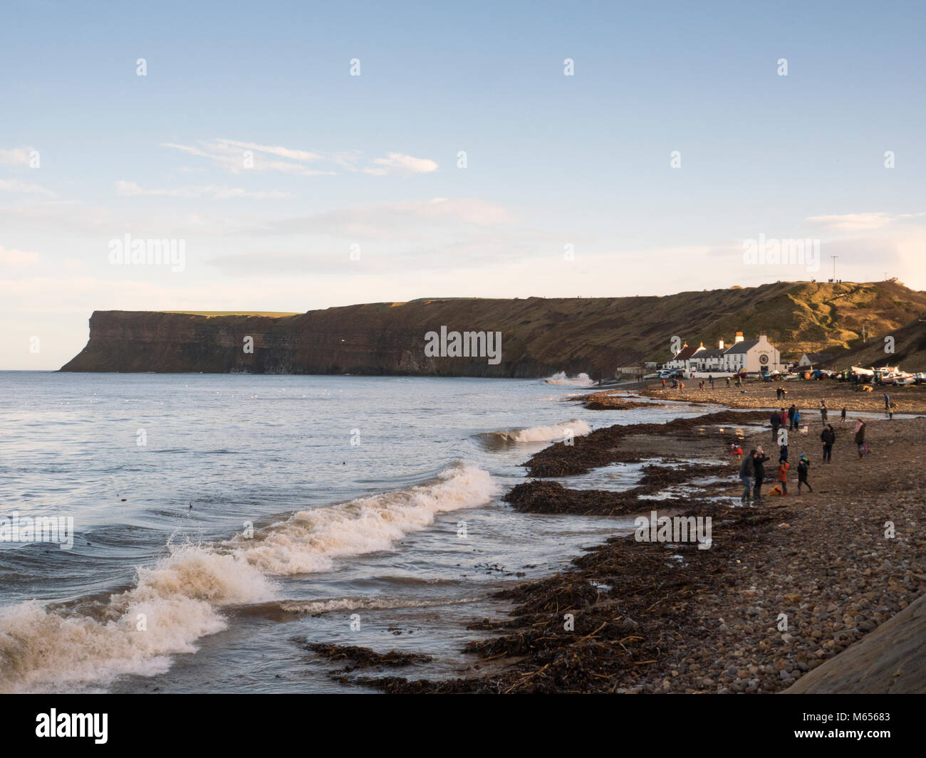 Saltburn beach,looking toward the Ship Inn, after storm deposted a bank ...