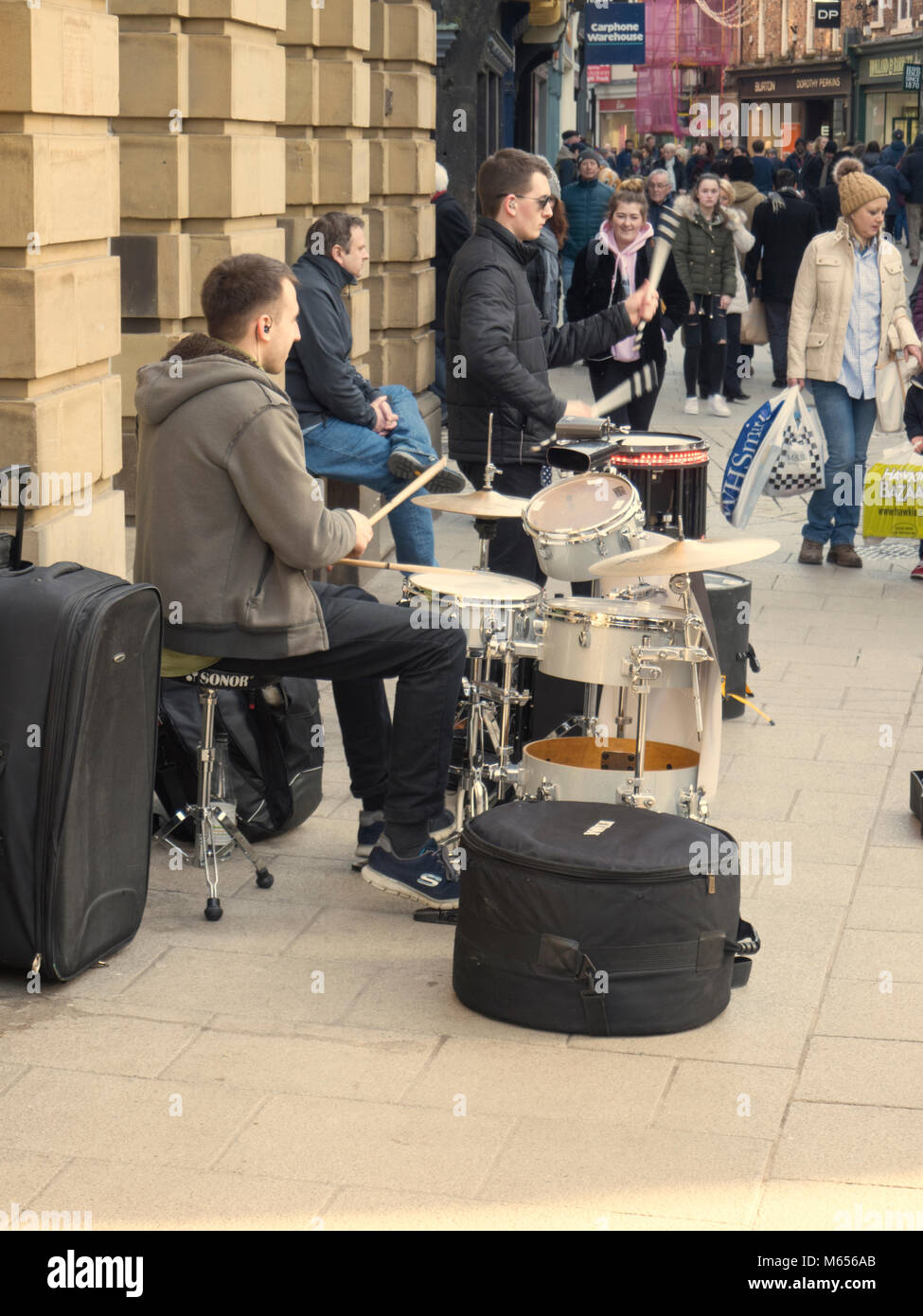 Buskers in Davygate, York, playing drum kits Stock Photo - Alamy