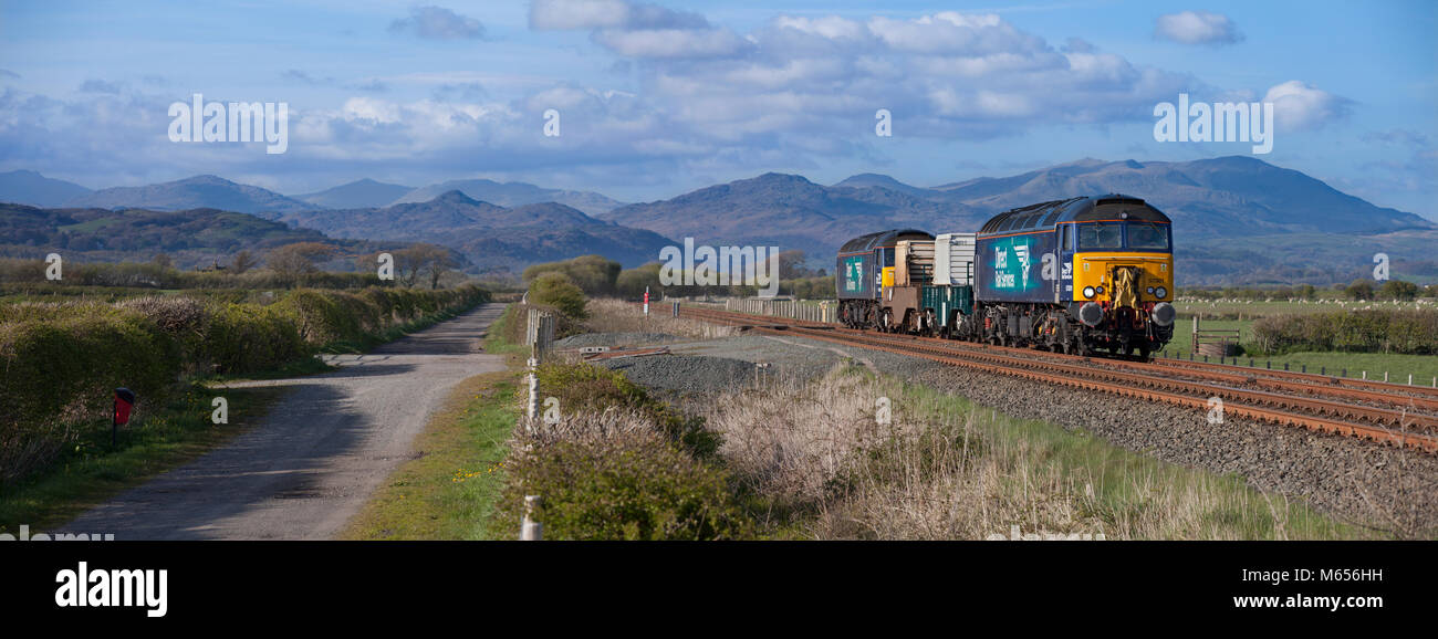 2 Direct rail Services class 57 locomotives pass Millom marsh, Cumbria ...