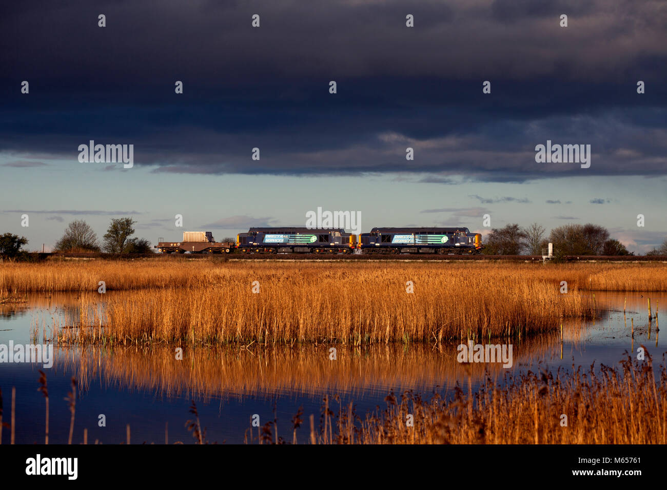 2 Direct Rail Services class 37 locomotives 37603 + 37612 pass Leighton ...