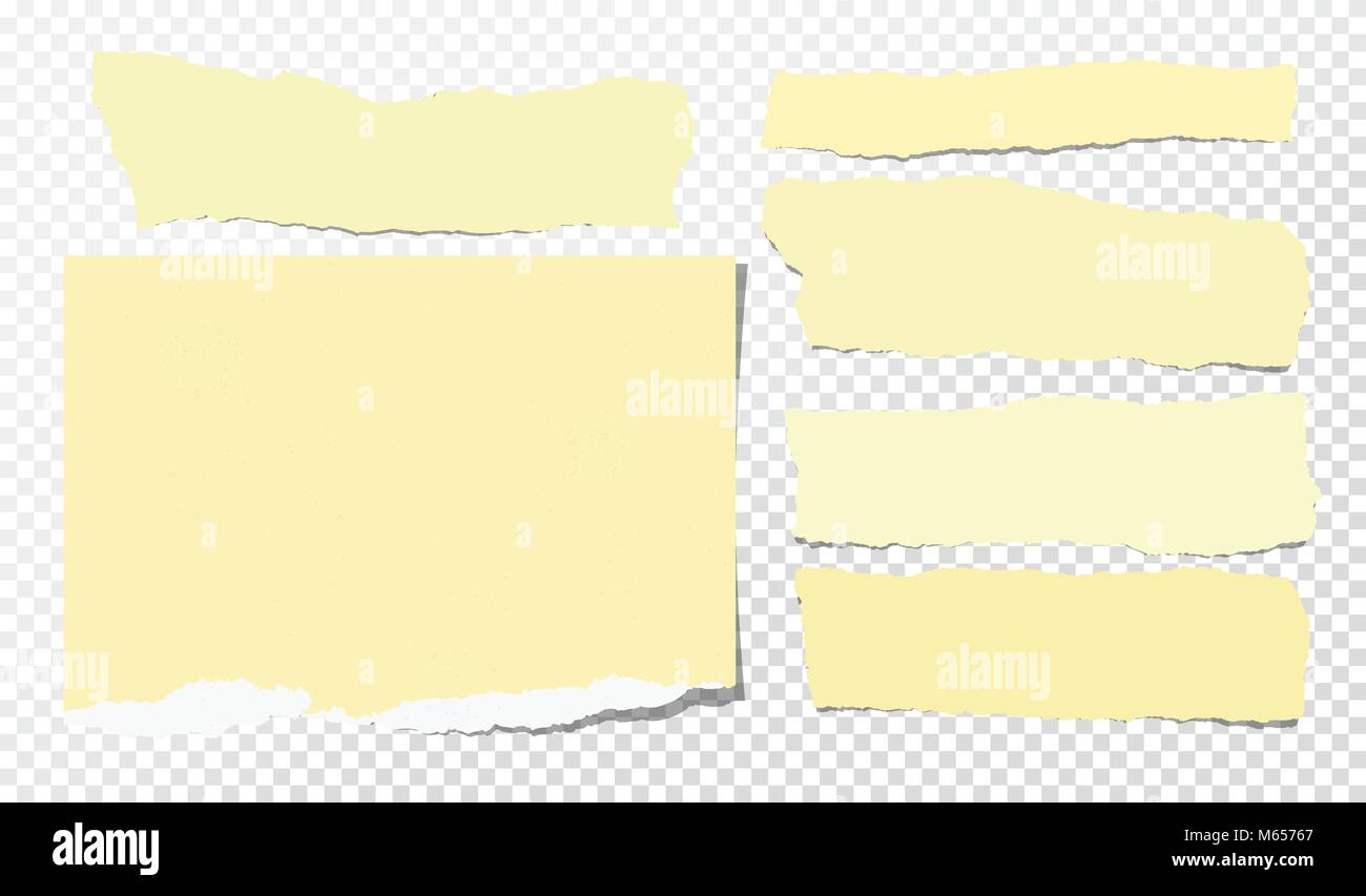 Pieces of torn yellow note, notebook paper strips for text stuck on ...