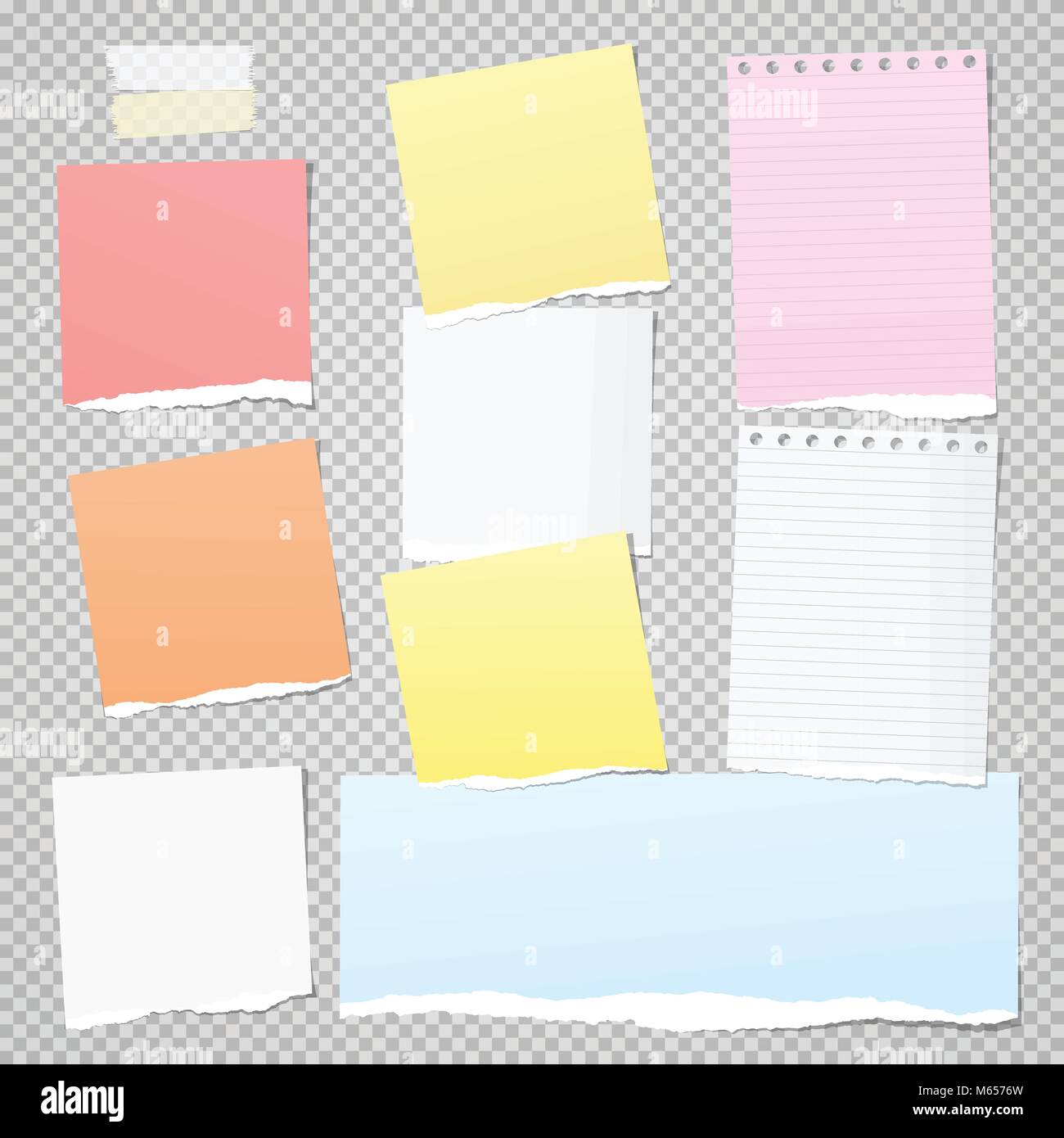 Pieces of torn colorful note, notebook paper strips for text stuck on ...