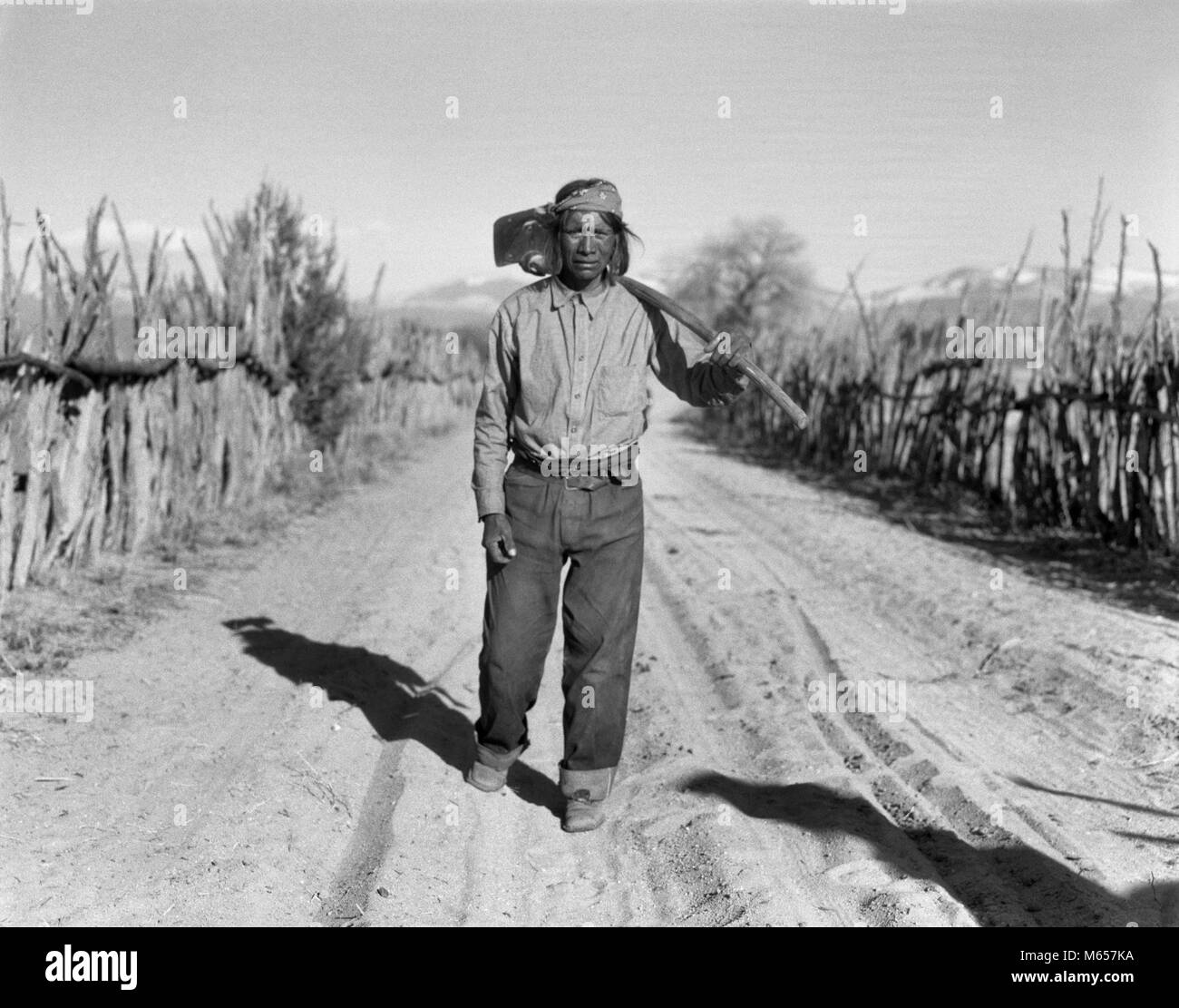 1930s NATIVE AMERICAN INDIAN MAN FARMER WALKING ROAD CARRYING FARM ...