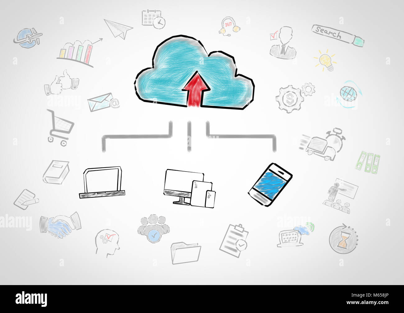 Cloud technology concept. Chart with keywords and icons on gray ...