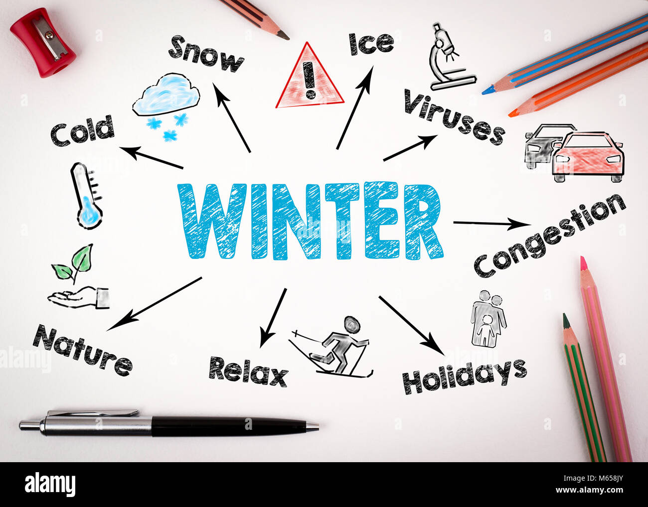 winter Concept. Chart with keywords and icons on white background Stock ...