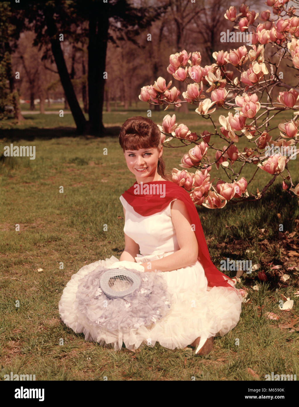 1960s YOUNG WOMAN SITTING BY BLOSSOMING MAGNOLIA TREE WITH SPRINGTIME ...