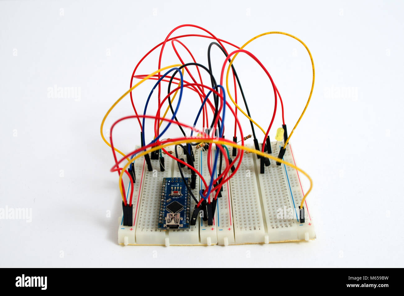 Connecting wires on a white board for connecting components Stock Photo ...