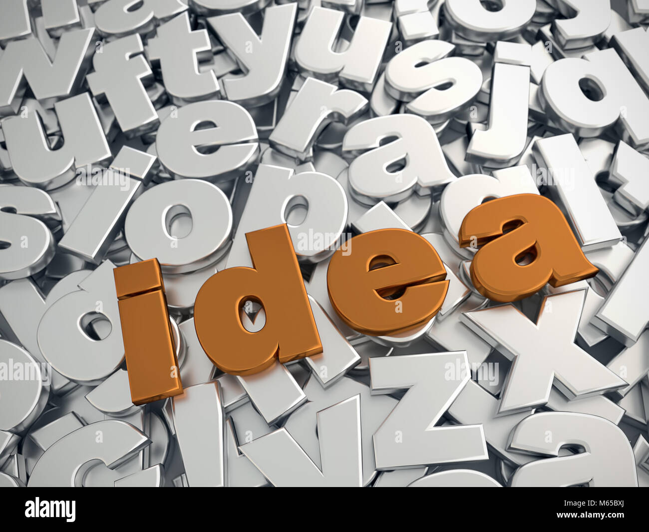 3D rendering of IDEA word in metallic copper color on pile of gray ...