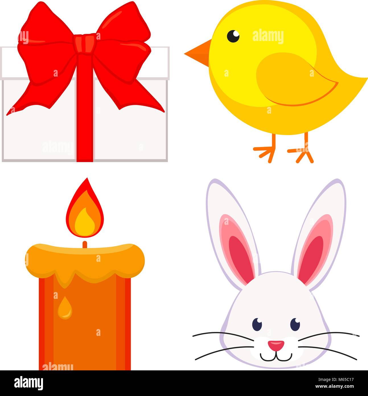 Cartoon easter icon set chicken chick bunny face candle, gift box Stock ...