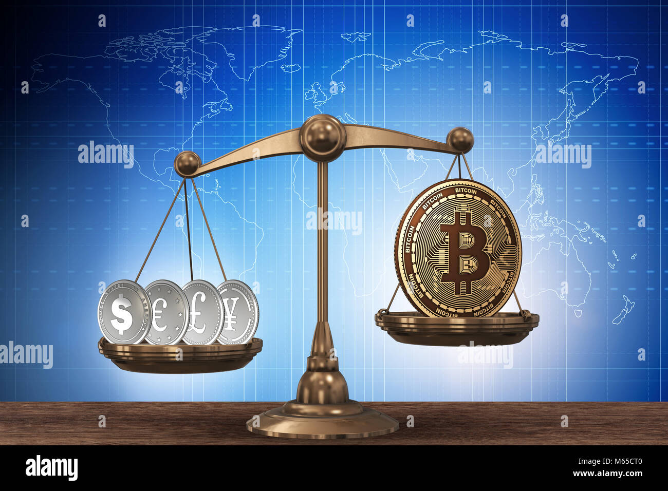 Scales with bitcoins and other currencies - 3d rendering Stock Photo ...