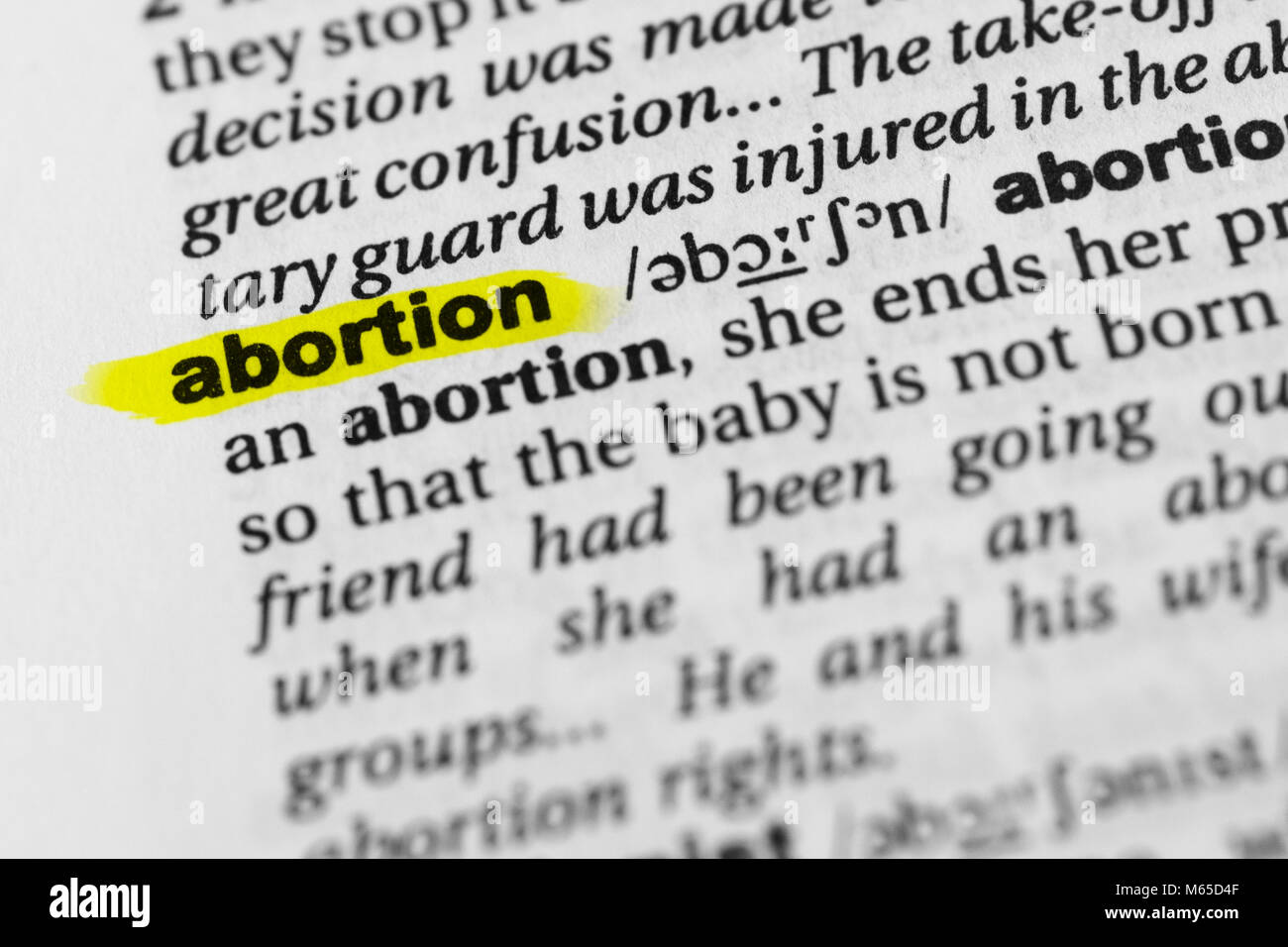 Highlighted English word "abortion" and its definition in the ...