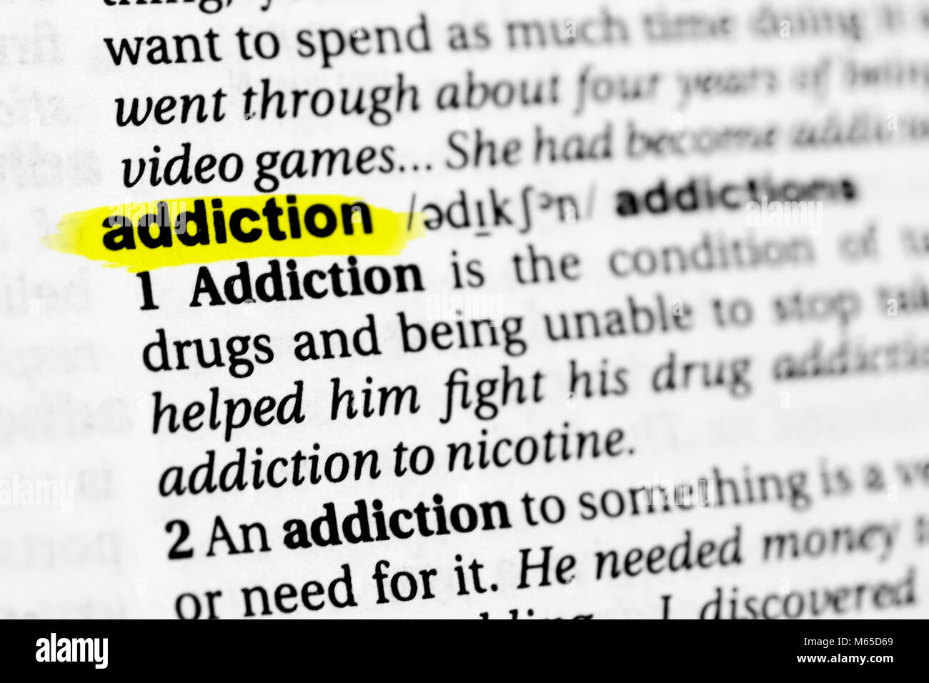 Highlighted English word "addiction" and its definition in the ...
