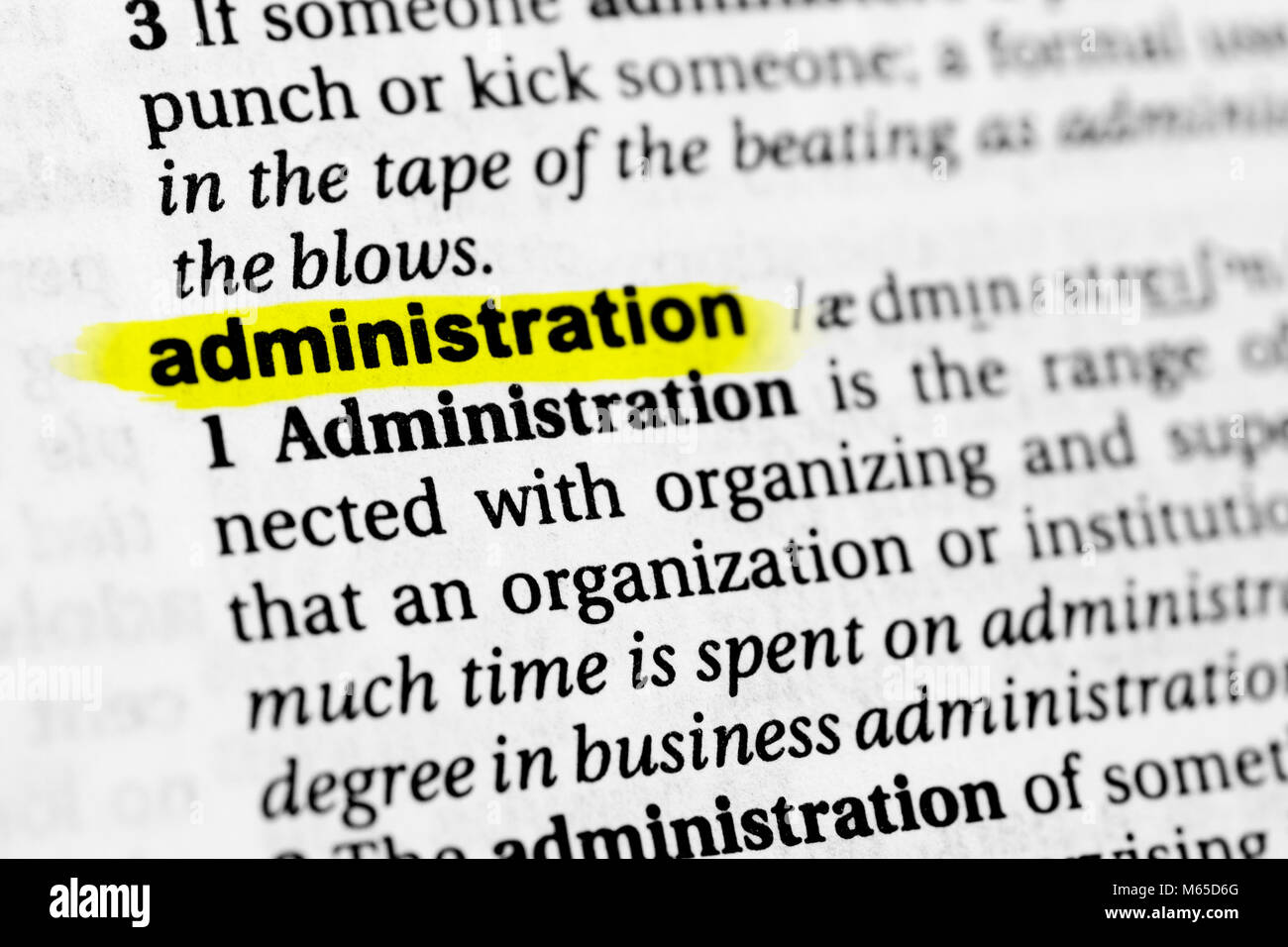 Highlighted English word "administration" and its definition in the ...