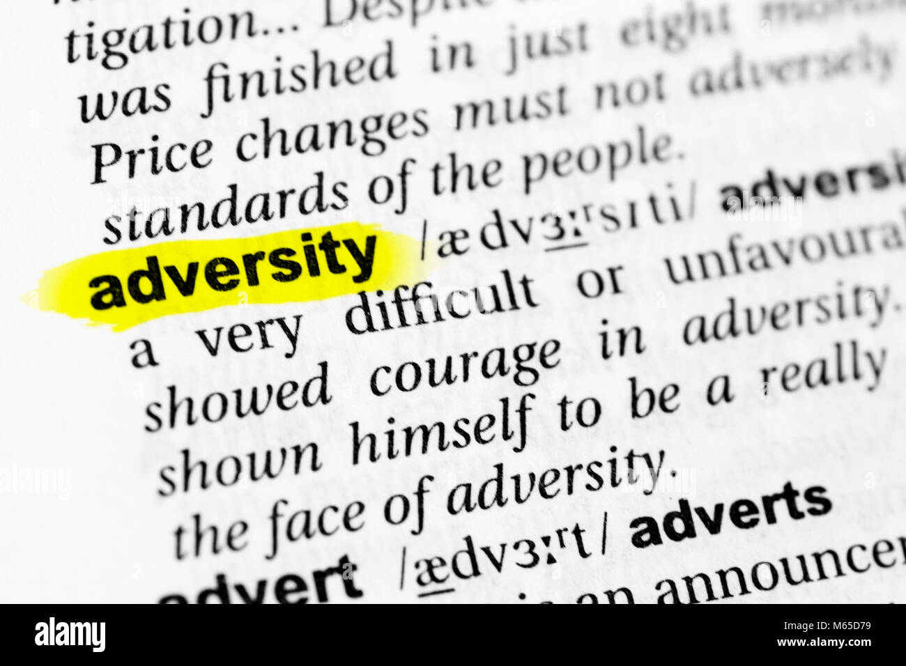 Highlighted English word adversity and its definition in the dictionary Stock Photo Alamy