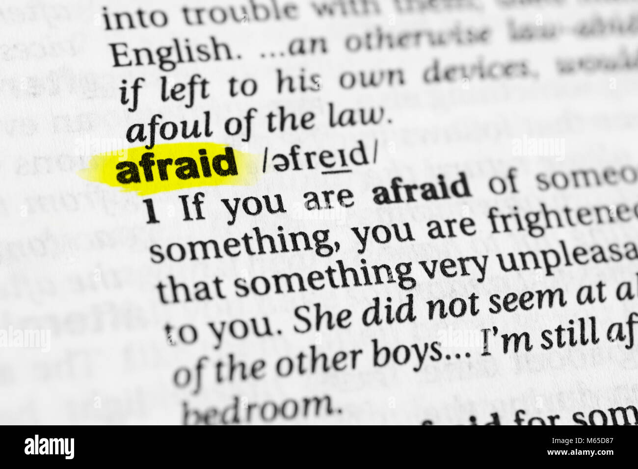 Highlighted English word "afraid" and its definition in the dictionary ...
