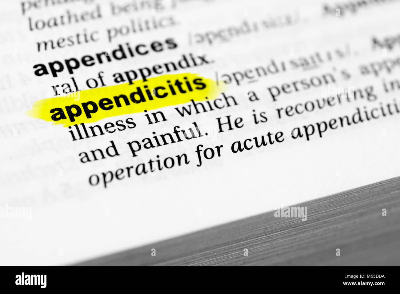 Highlighted English word "appendicitis" and its definition in the ...
