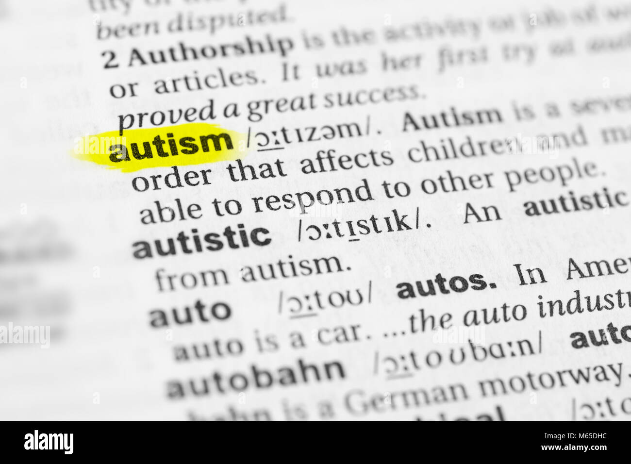 Highlighted English word "autism" and its definition in the dictionary ...