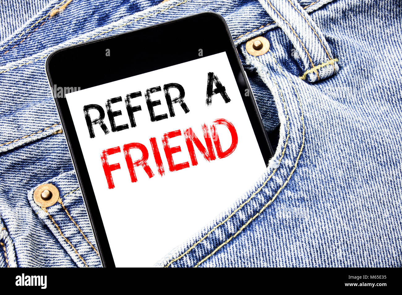 Handwriting Announcement text showing Refer A Friend. Business concept ...