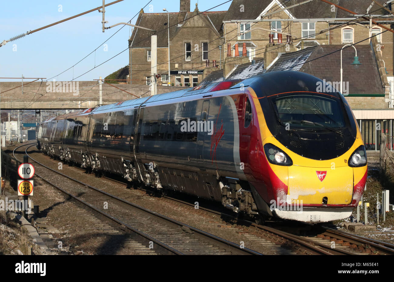 Class 390 Pendolino electric multiple unit train in Virgin West Coast livery on the West Coast ...
