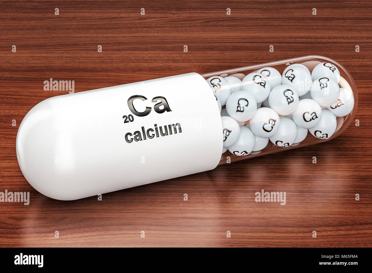 Capsule with Calcium Ca element on the wooden table. 3D rendering Stock ...