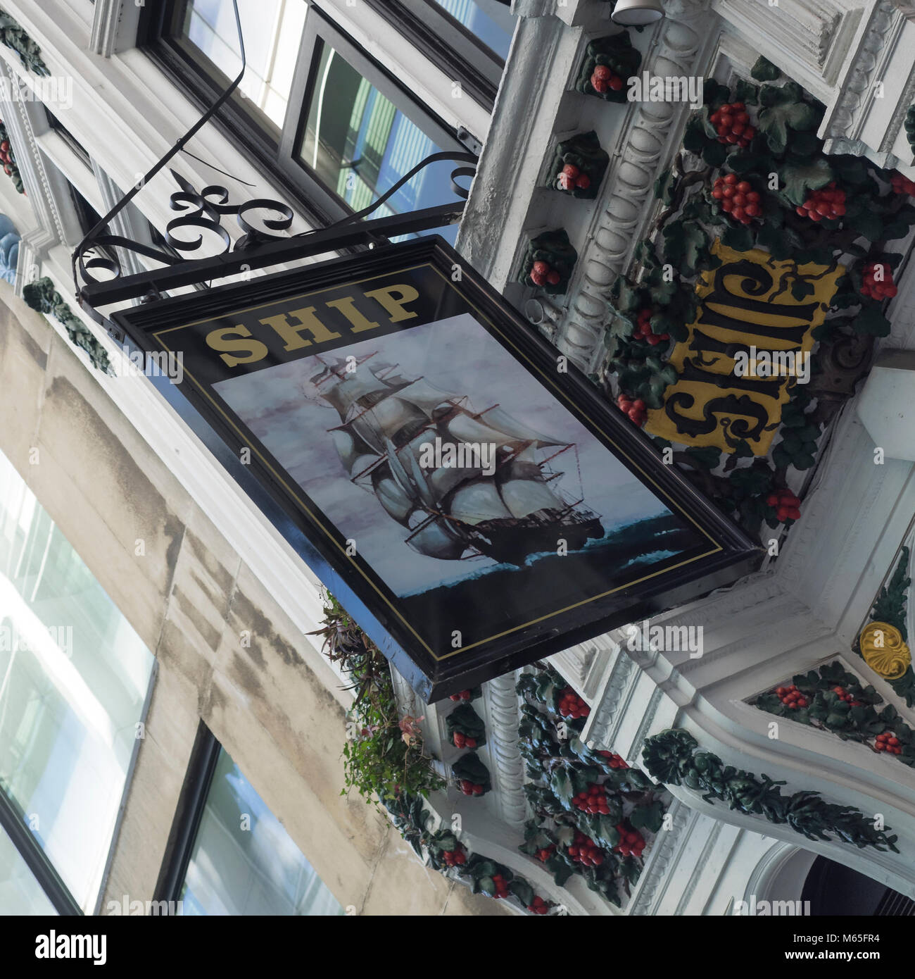 LONDON, UK - FEBRUARY 18, 2018: Sign above the Ship Pub in Hart Street ...