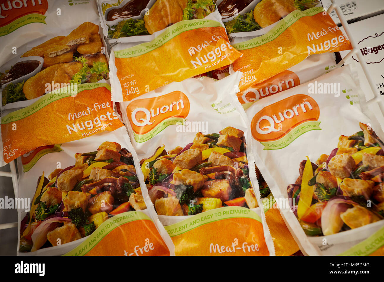 Quorn chicken style frozen food in the freezer section of shop Stock ...