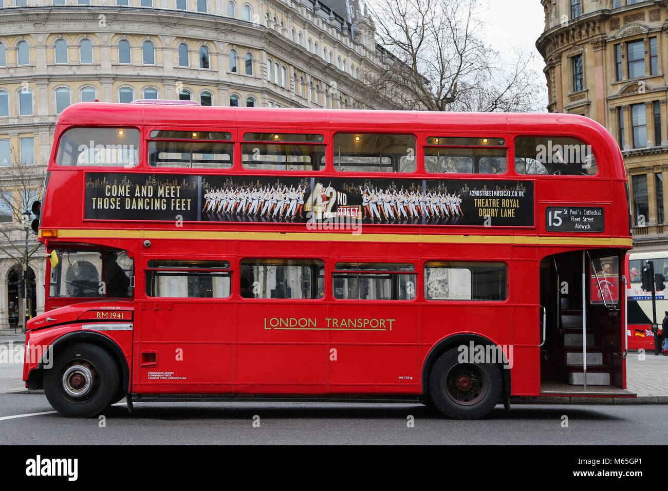 London double decker routemaster bus number 15 around Trafalgar Square ...