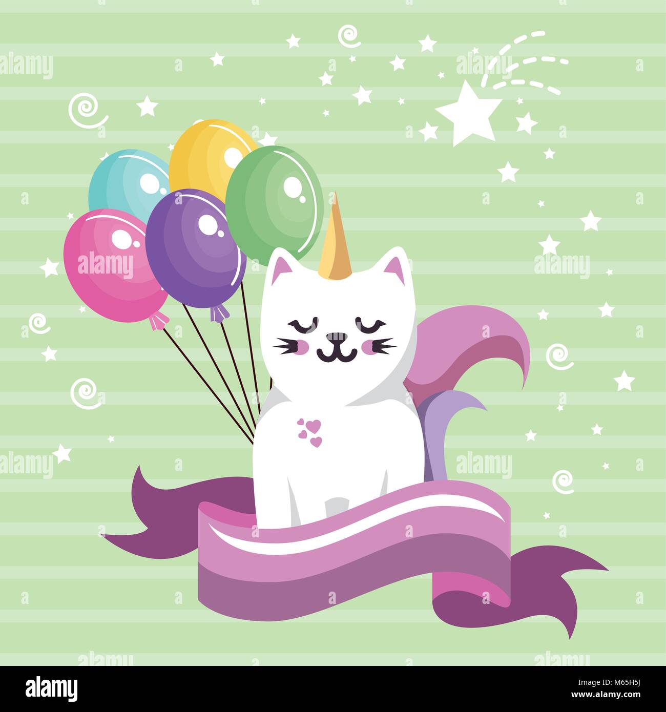 cute cat sweet kawaii with balloons air birthday card Stock Vector ...
