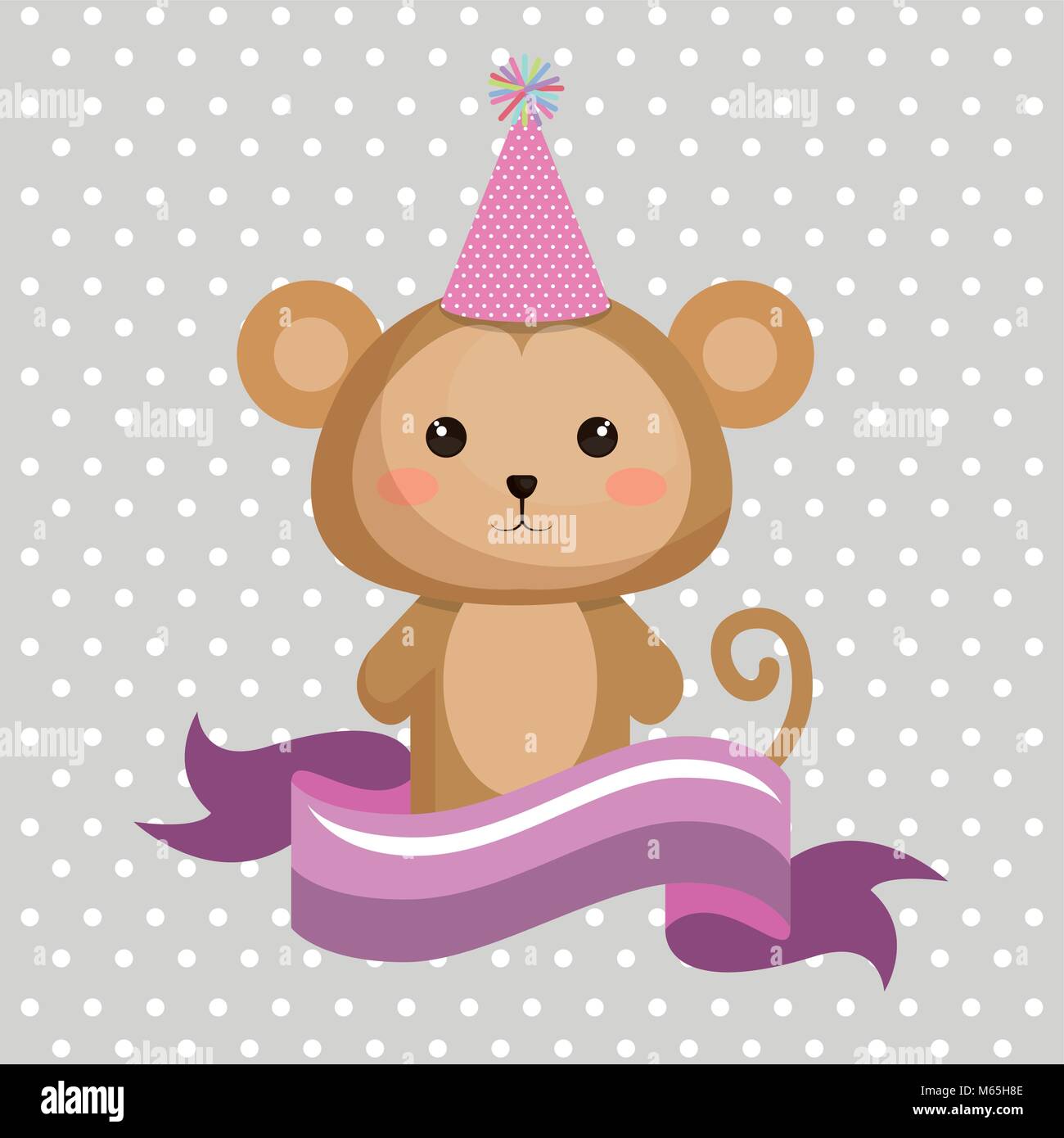 cute monkey with party hat kawaii birthday card Stock Vector Image ...