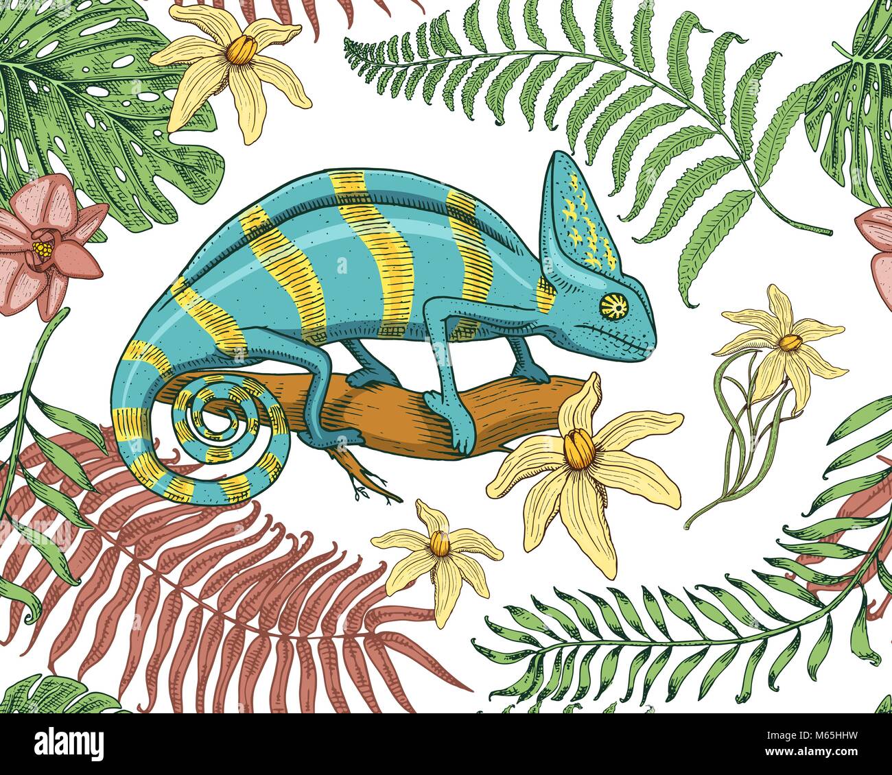 Chameleon Lizard, tropical flowers, seamless pattern. American green ...
