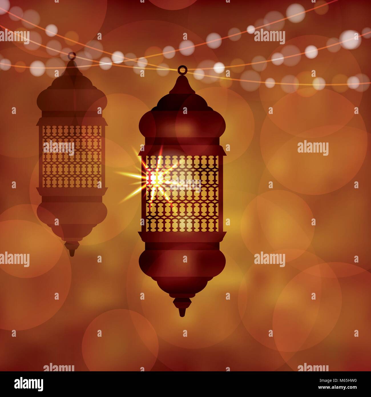 Illuminated arabic lamp, lantern with string of lights. Modern blurred ...