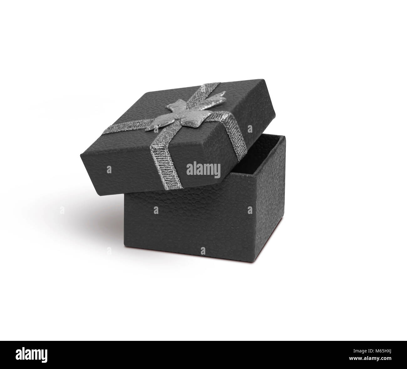 Open Black gift box with silver ribbon isolated on white background ...