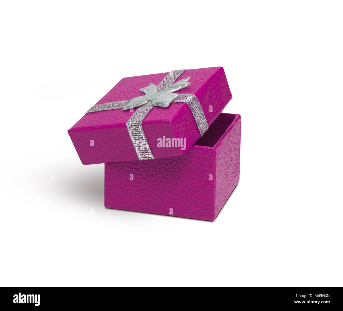 Open Purple gift box with silver ribbon isolated on white background ...