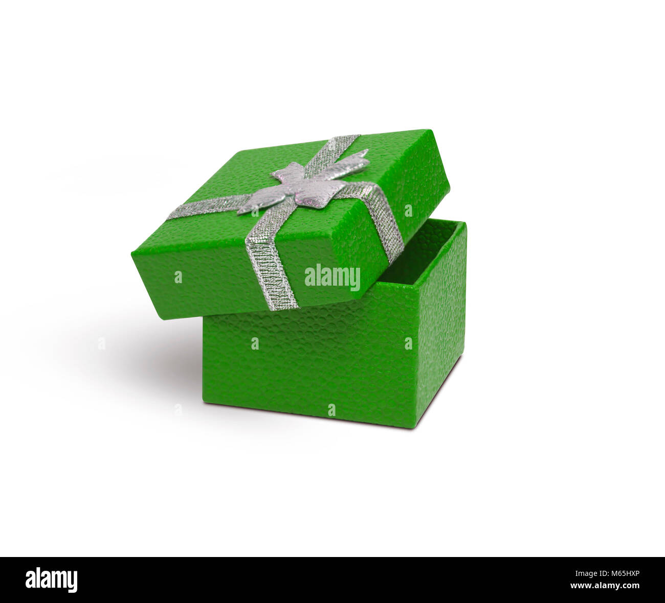 Open Green gift box with silver ribbon isolated on white background ...