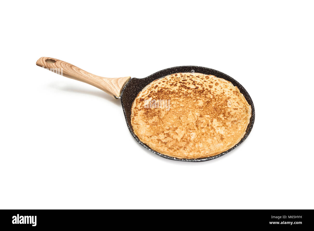 Frying pan with pancake isolated over white background Stock Photo - Alamy