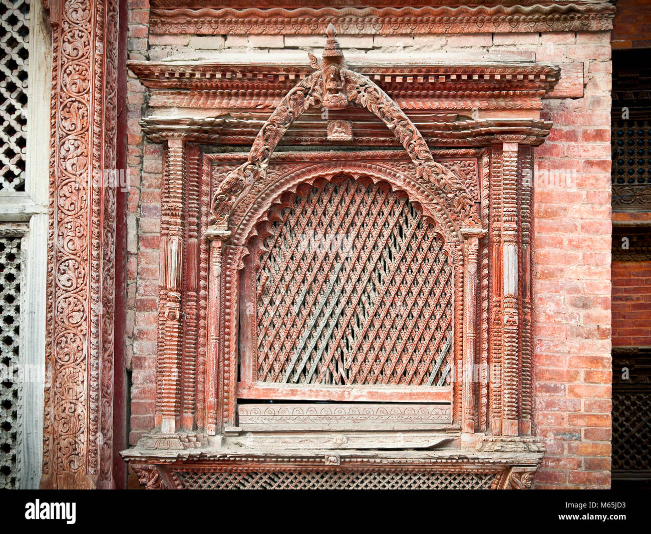 Carved wooden window on Hanuman Dhoka old Royal Palace, Durbar Square ...