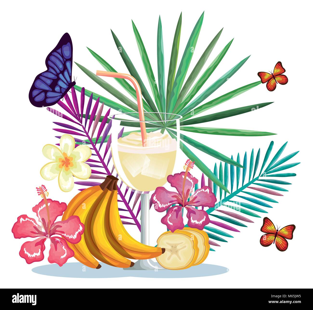 tropical cocktail with banana fruit and decoration floral Stock Vector ...