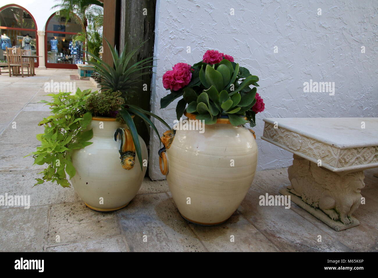 Flower pots in the plaza Stock Photo - Alamy