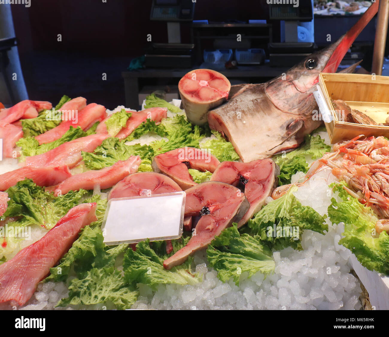 Fresh swordfish on ice cut into pieces sold on fish market in Venice ...