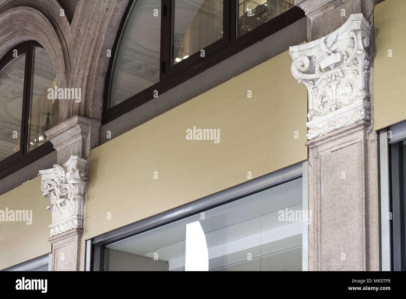 Horizontal front view detail of long empty square store signage on ...